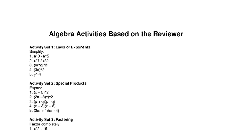 Algebra Activities Reviewer: Exponents, Factoring, Equations & More ...
