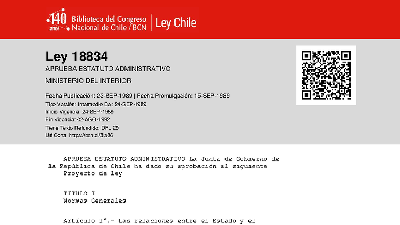 Ley 18834: Estatuto Administrativo del Ministerio del Interior - Studocu