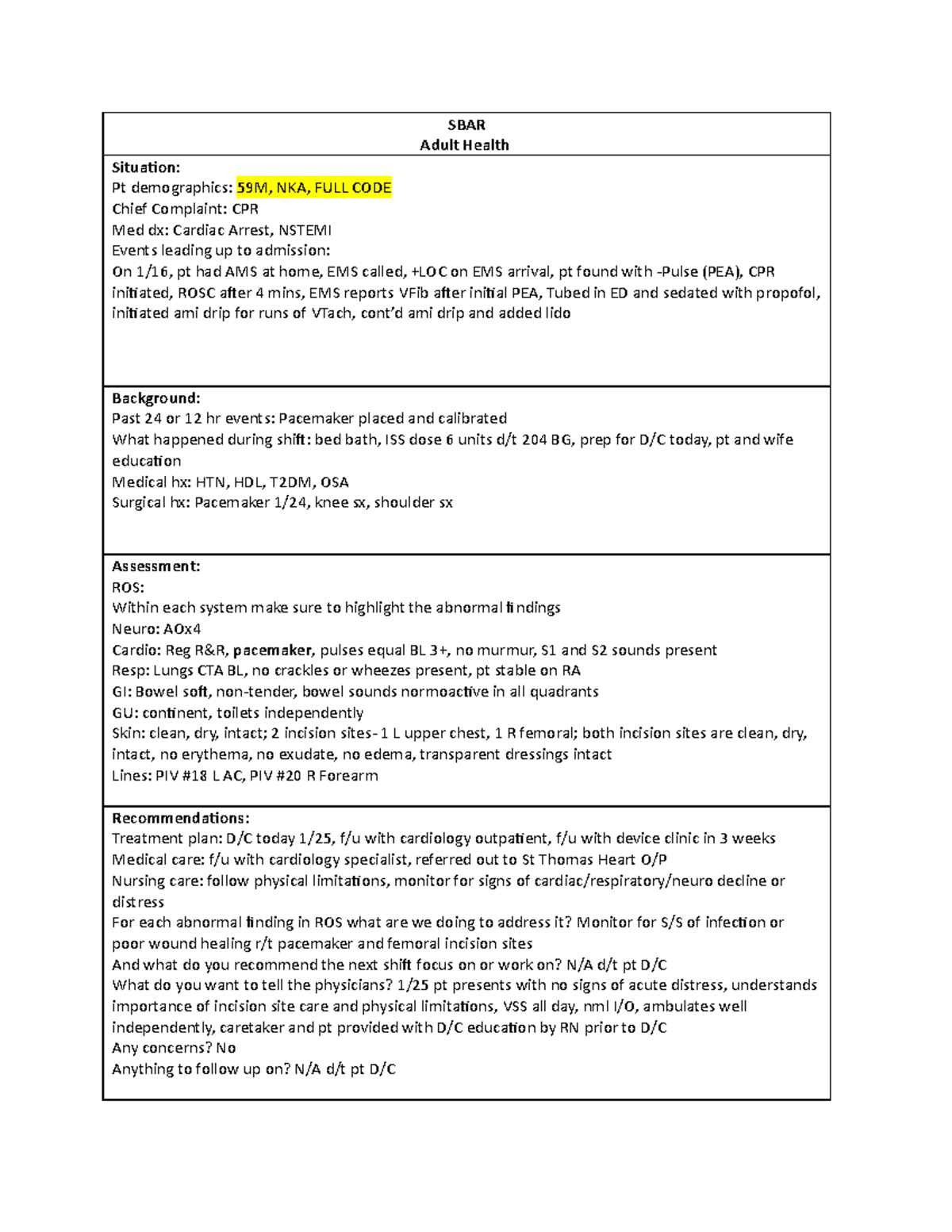 AH3 Cardiac Arrest SBAR Clinical Summary for PCU Patient Care - Studocu