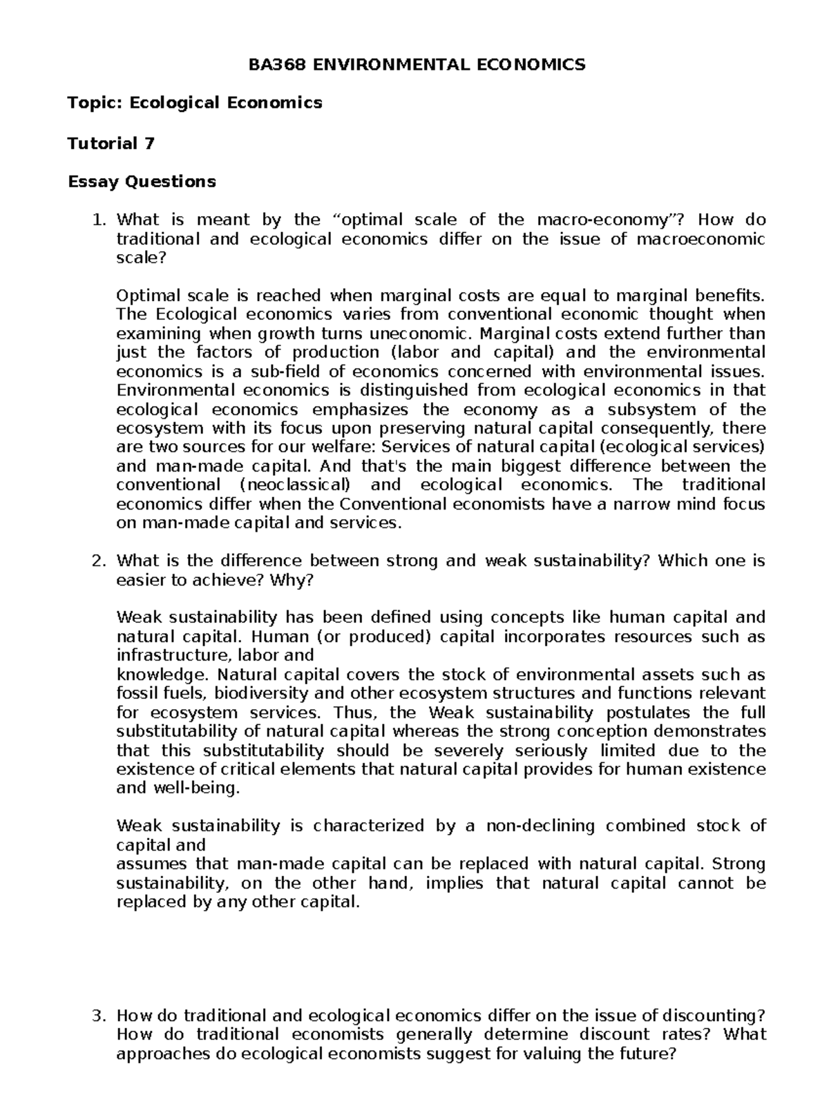 BA368 ENVIRONMENTAL ECONOMICS Tutorial 7 Essay Questions Analysis - Studocu