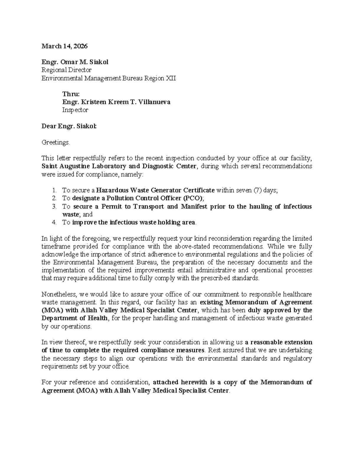 Letter to DENR: Request for Extension on Compliance Measures - Studocu