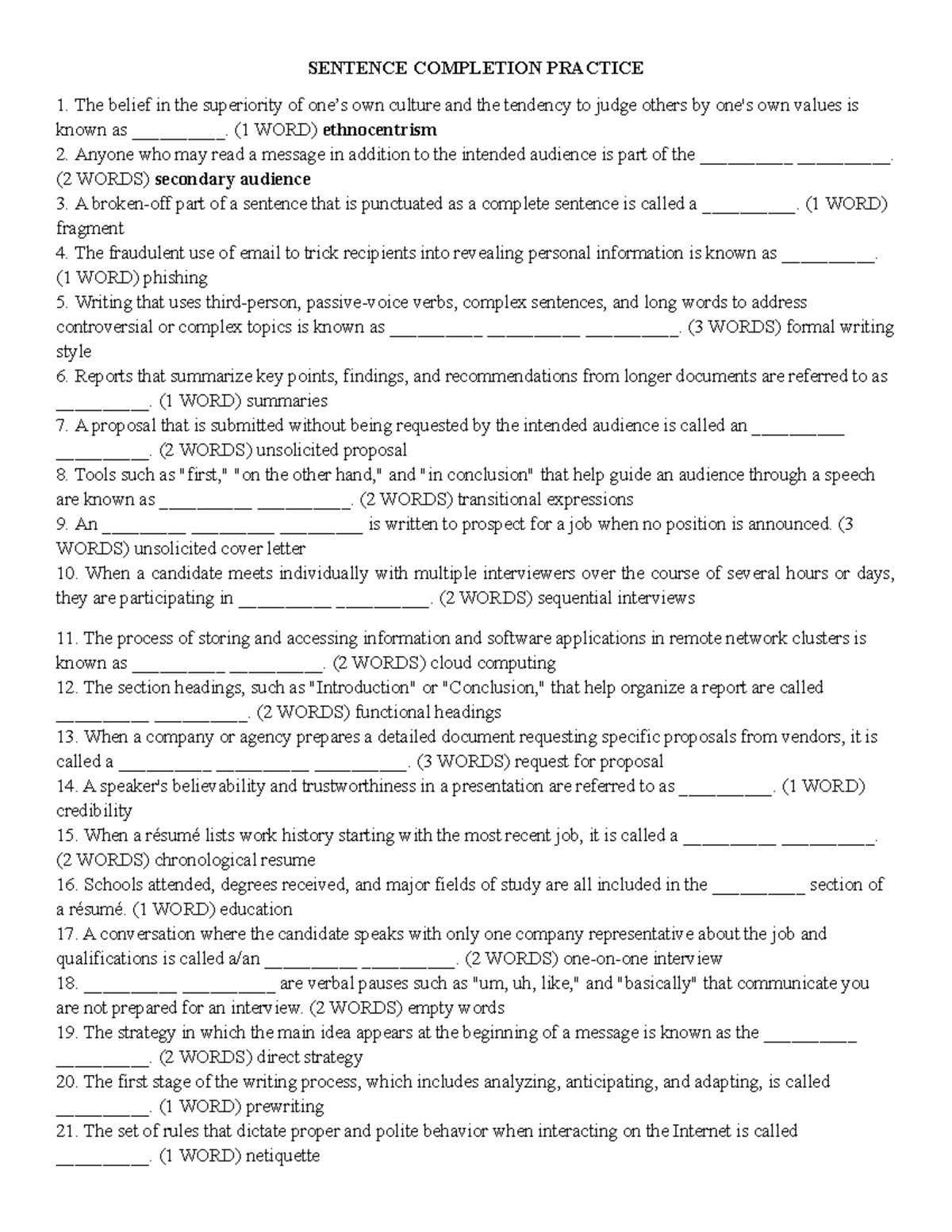 SENTENCE COMPLETION PRACTICE 1: Key Concepts and Definitions - Studocu