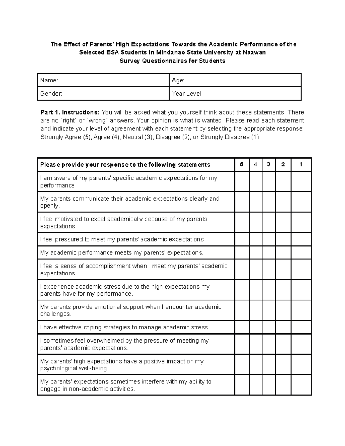 Survey Questionnaires: Impact of Parents' Expectations on BSA Students ...