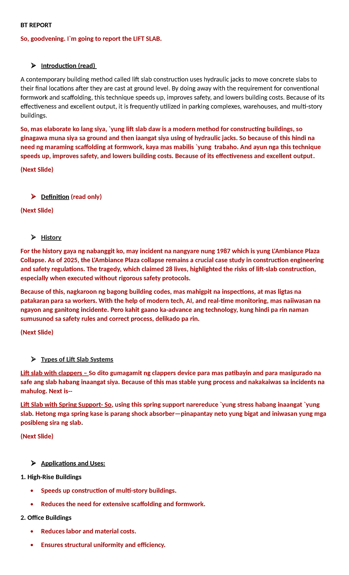 BT Report-SC: Analysis and Overview of Lift Slab Construction Techniques - Studocu