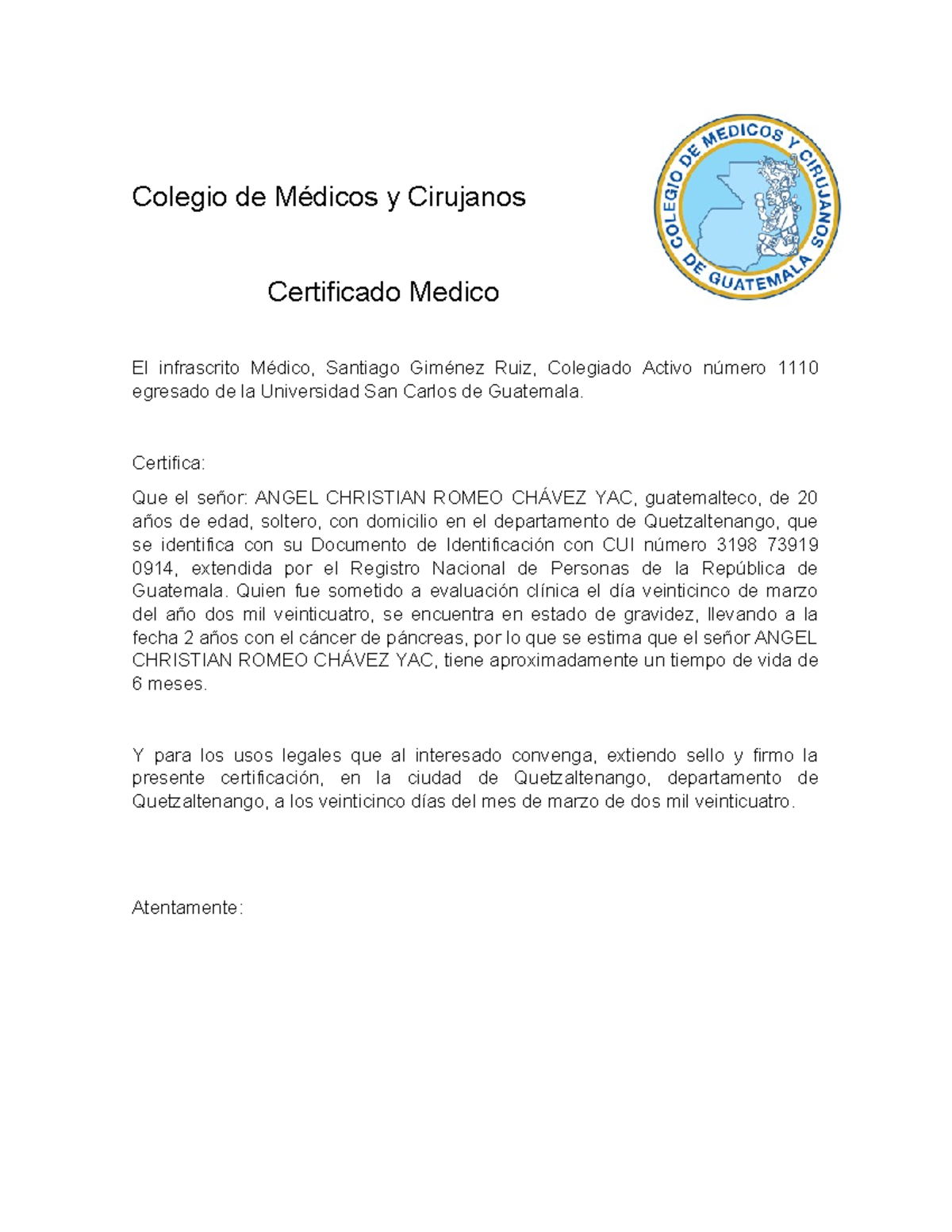 Certificado Médico para Angel Christian Romeo Chávez Yac - Studocu
