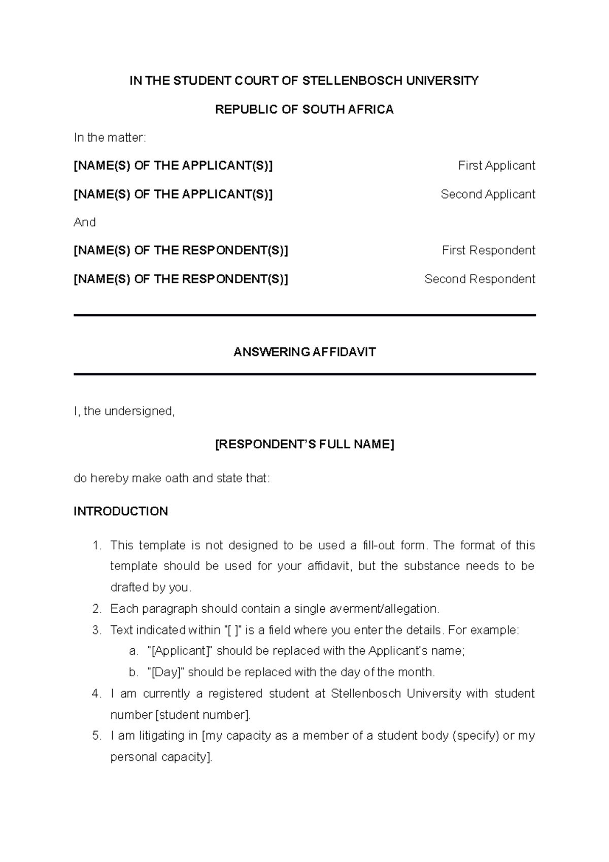 Answering Affidavit Template - Student Court Guide at SU - Studocu