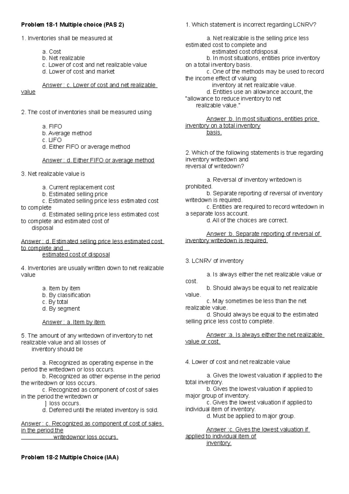 Ch06 - Practice Questions CH06 - CHAPTER 6 INVENTORIES CHAPTER LEARNING OBJECTIVES Discuss how ...