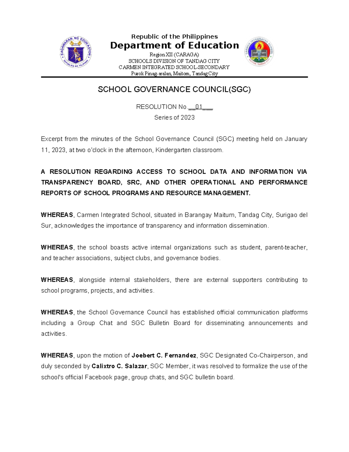 SGC Resolution - Republic of the Philippines Department of Education ...