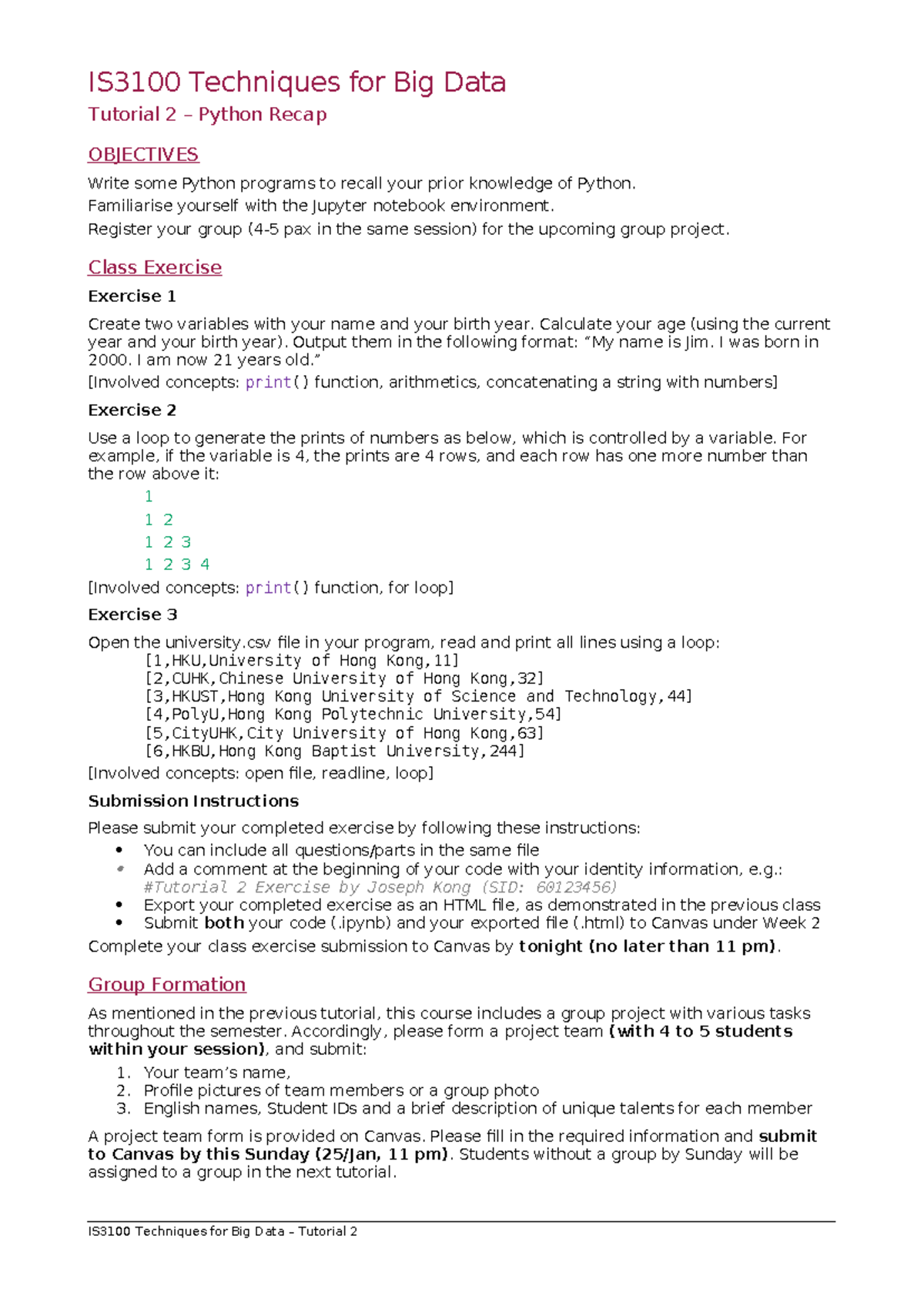 IS3100 Tutorial 2: Python Recap & Group Project Instructions - Studocu