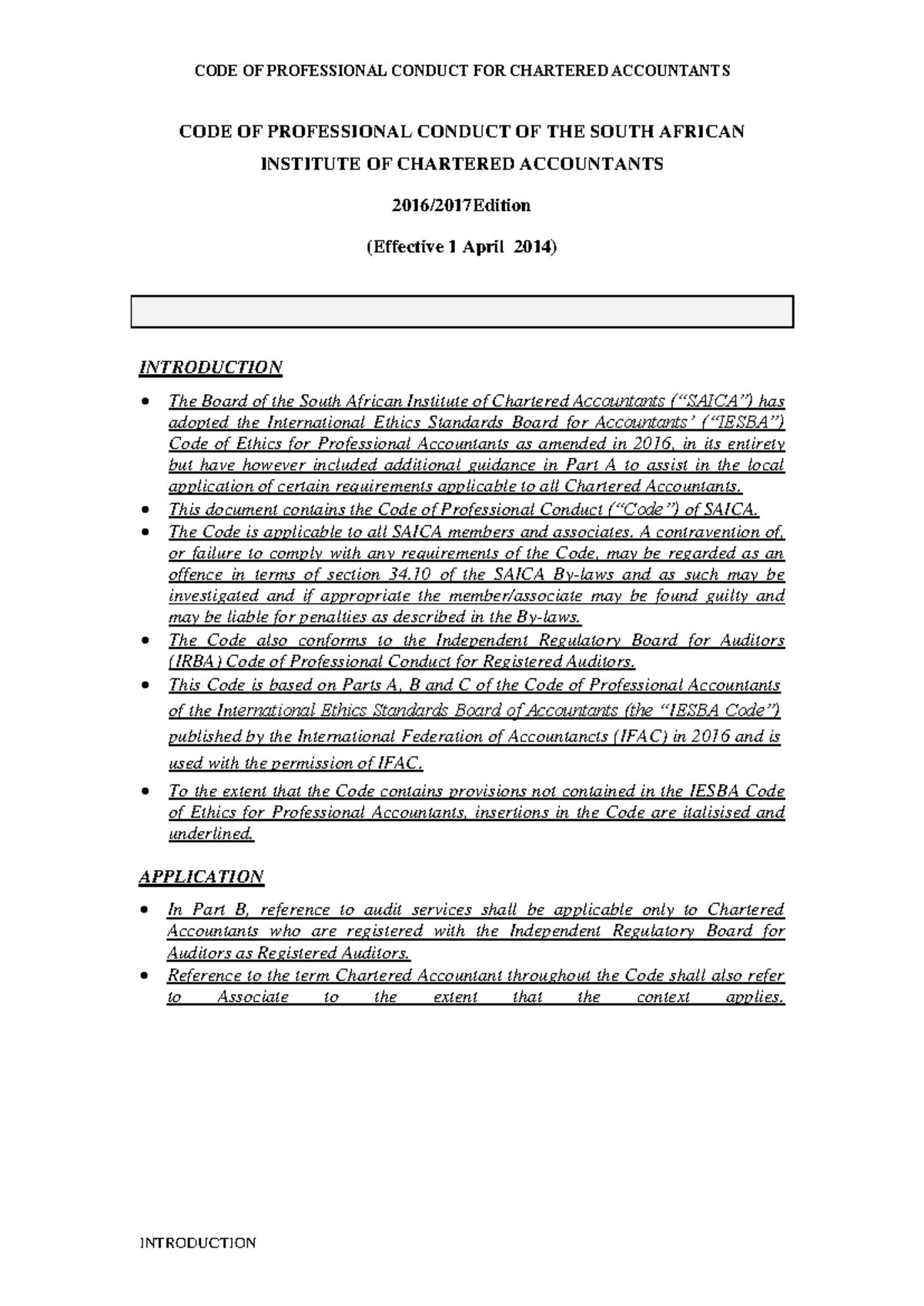 SAICA Code of Professional Conduct: 2016/2017 Edition Overview - Studocu