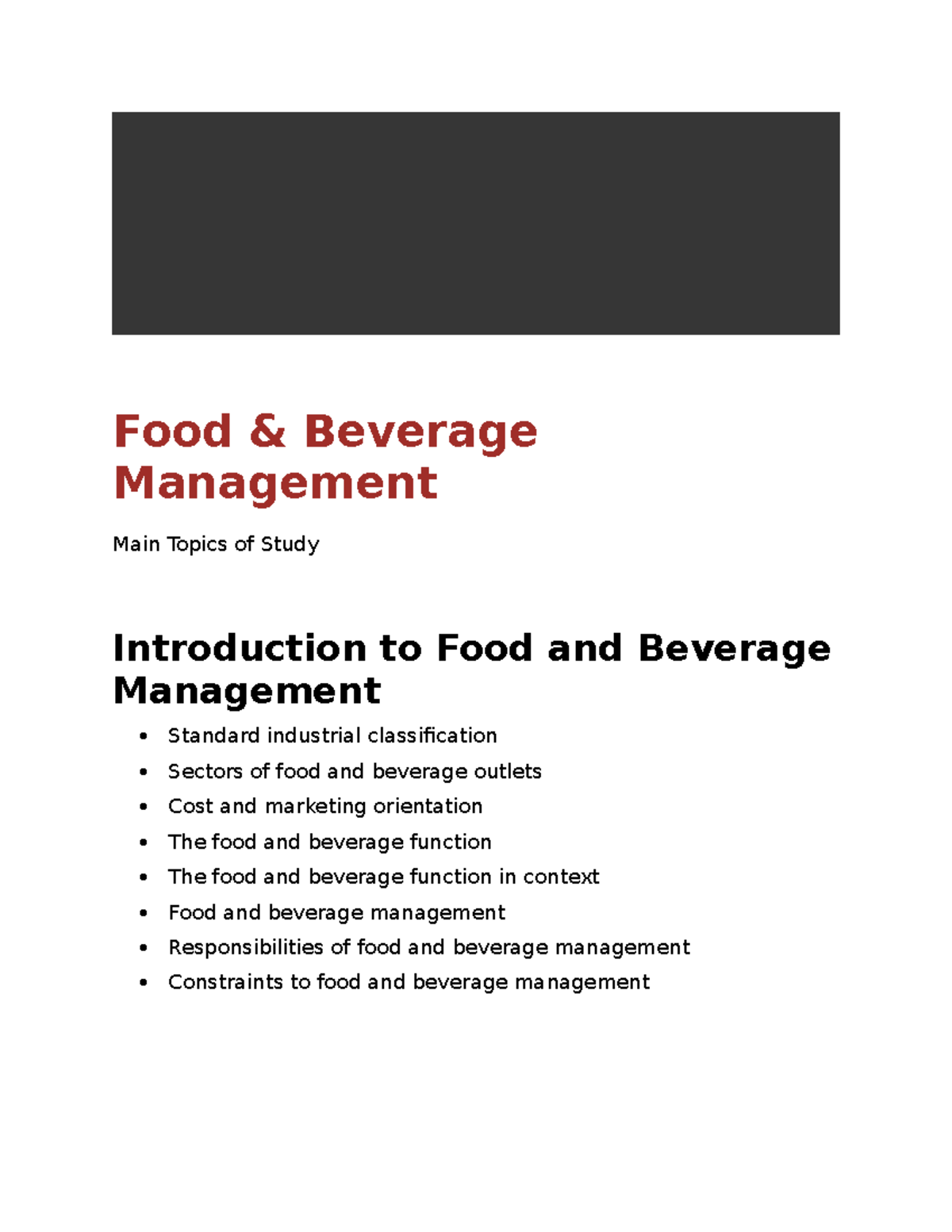 Food & Beverage Management Overview: Key Topics & Insights - Studocu