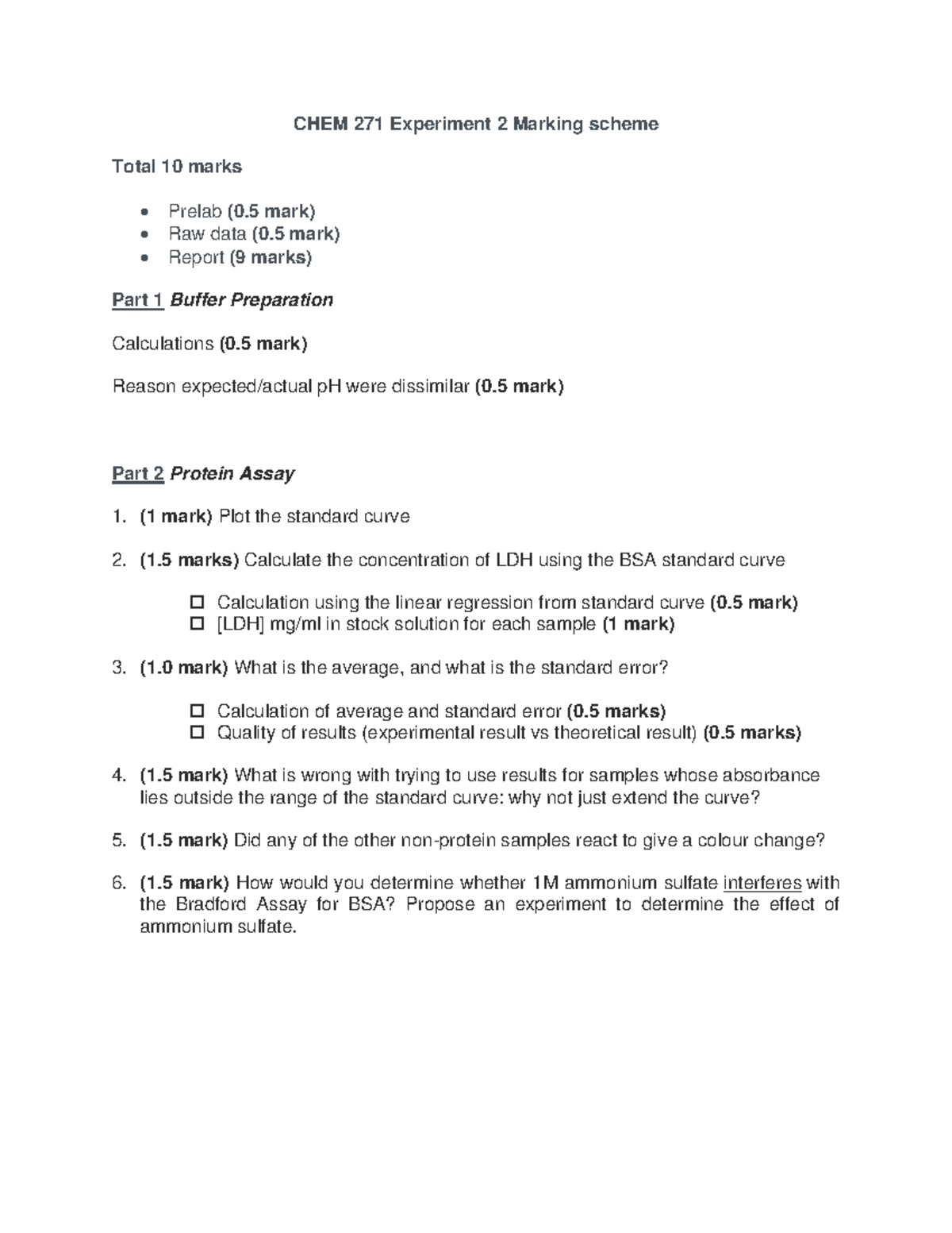 CHEM 271 Experiment 2 Marking Scheme and Guidelines (Total 10 Marks ...