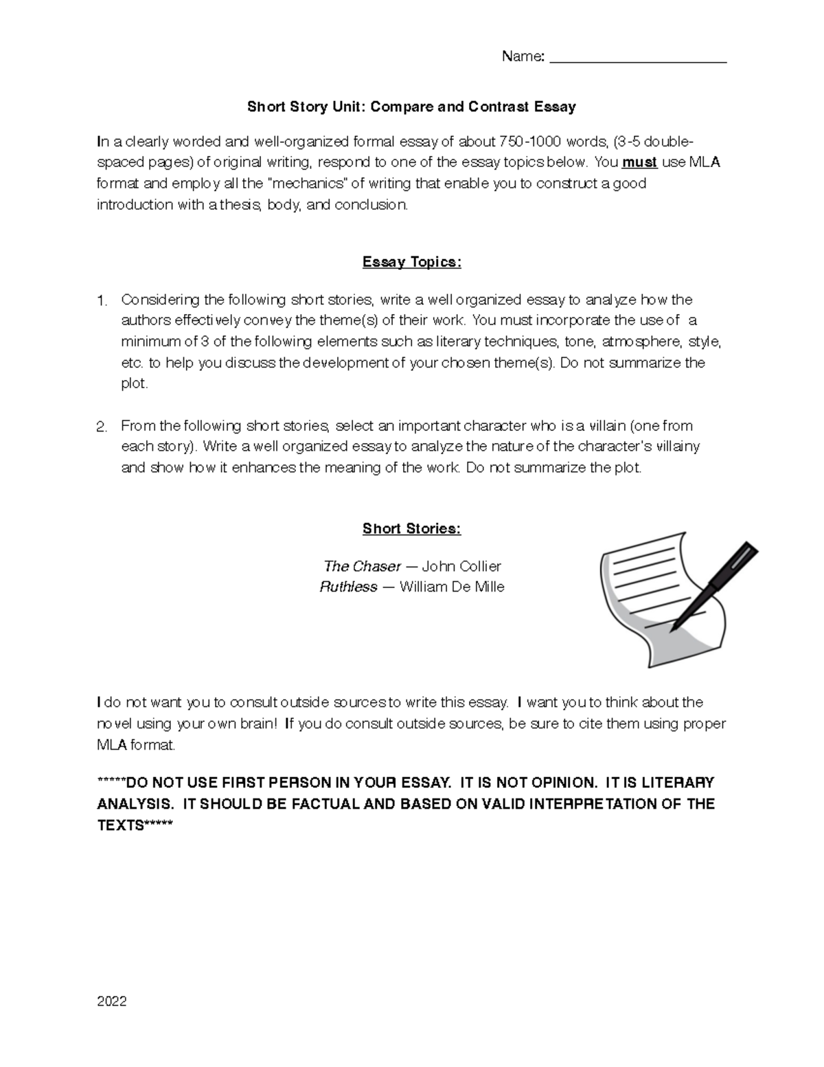 Short Story Unit Compare and Contrast Essay Assignment 2022 - Studocu