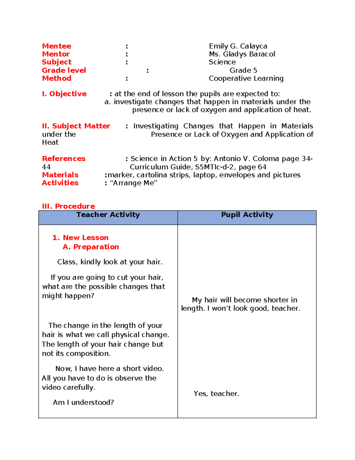 Science Grade 5 Lesson Plan: Investigating Changes in Materials - Studocu
