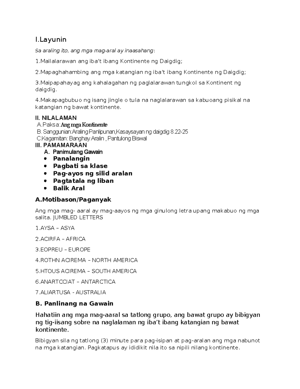 Kontinente - LECTURE NOTES BAHAGI NG ARAL PANLIPUNAN 8 - Studocu