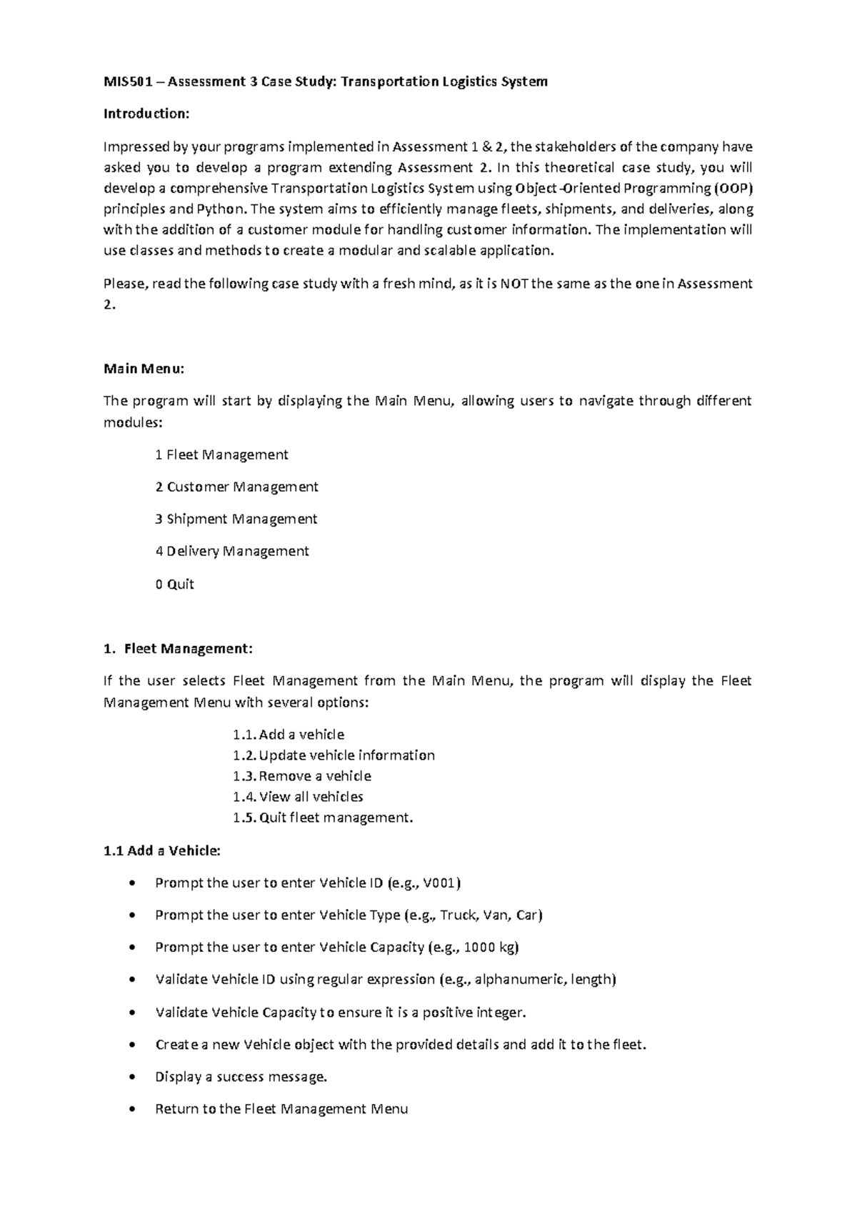 MIS501 Assessment 3 Case Study: Transportation Logistics System - Studocu