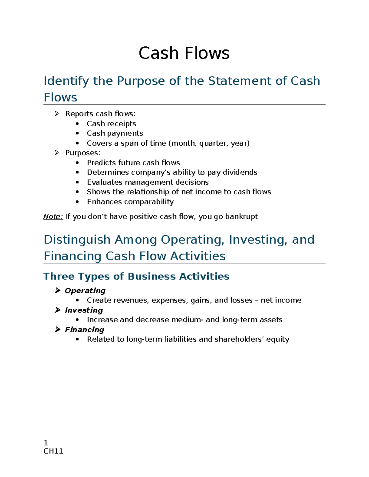 CH11 - Summary of Cash Flows and Their Impact on Financial Statements ...