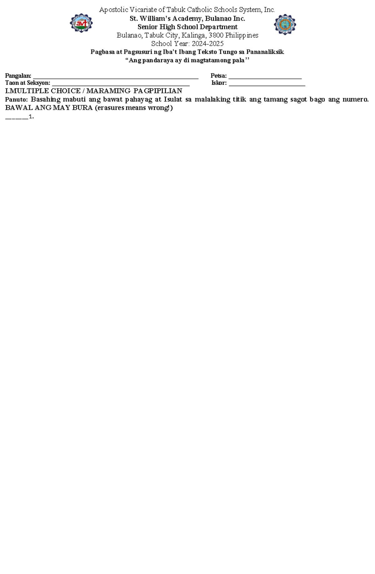 3RD Quarter EXAM - TOS - Apostolic Vicariate of Tabuk Catholic Schools ...