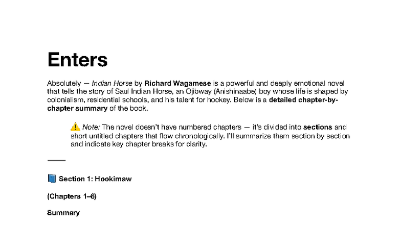Indian Horse (ENG 101) Detailed Chapter Summaries and Study Tips - Studocu