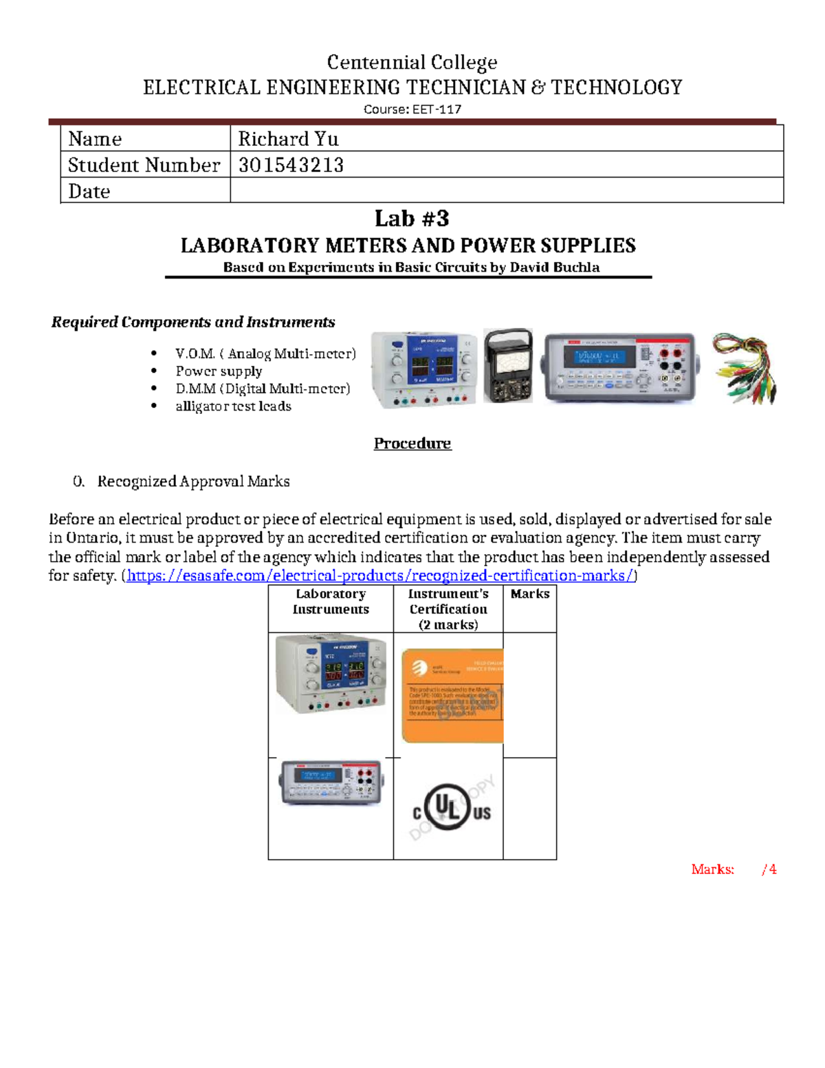 EET-117 Lab 3: Laboratory Meters and Power Supplies Analysis - Studocu