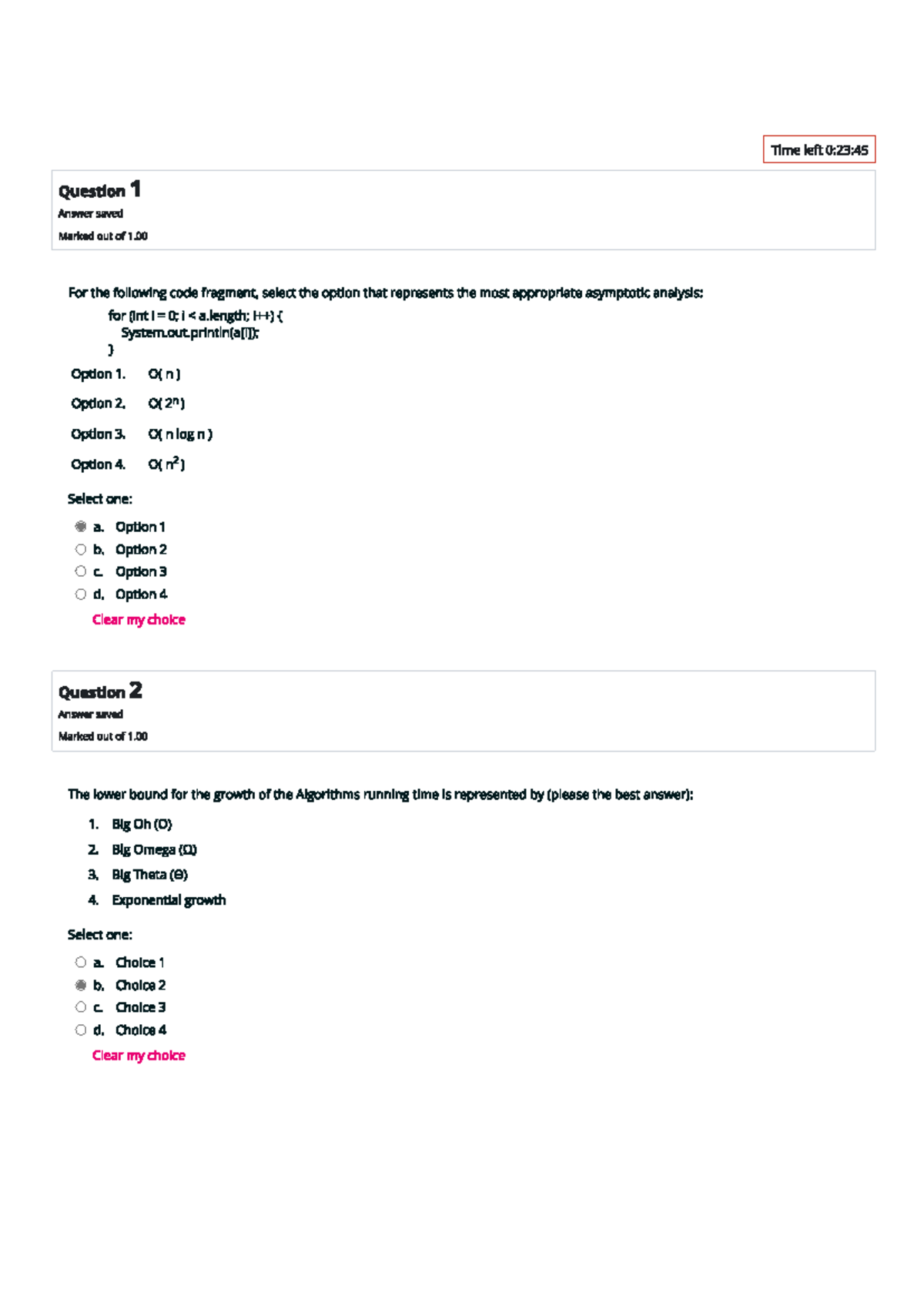 CS3303 Data final exam part 1 29.25 % - Time left 0:23:45 Question 1 ...