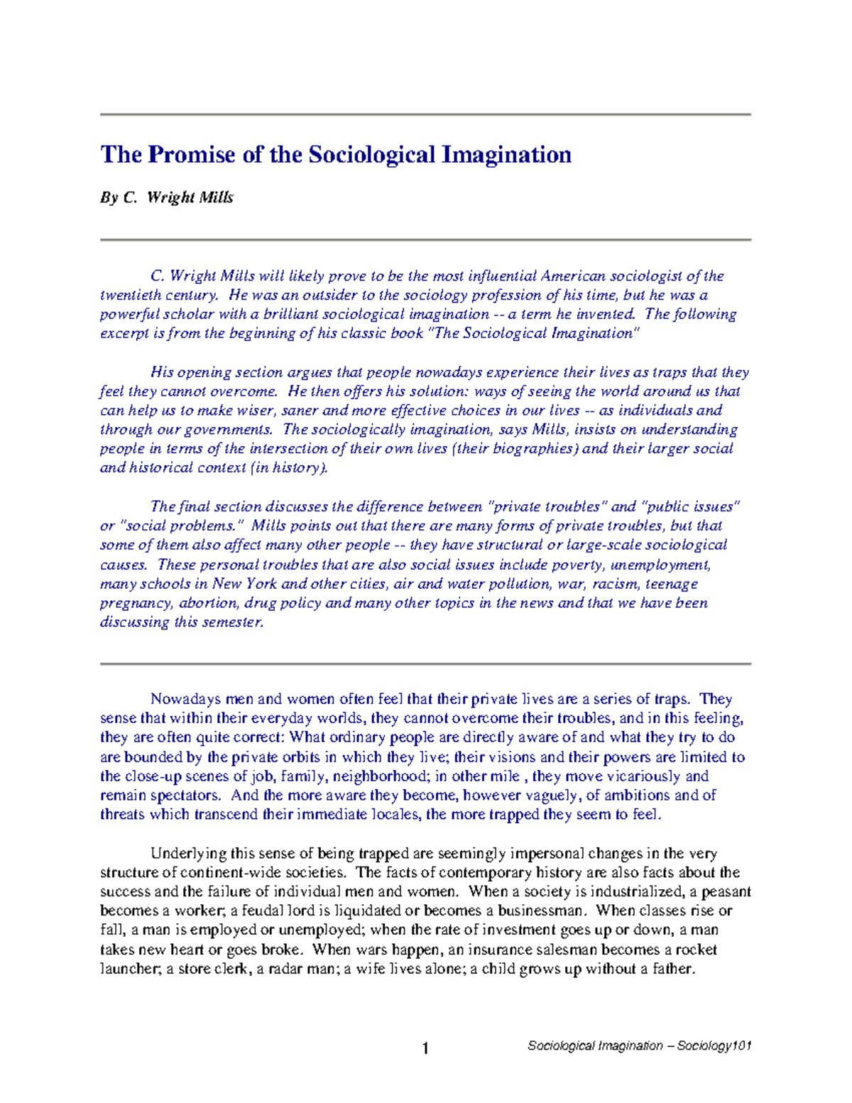 Understanding C. Wright Mills' Sociological Imagination: Troubles vs ...