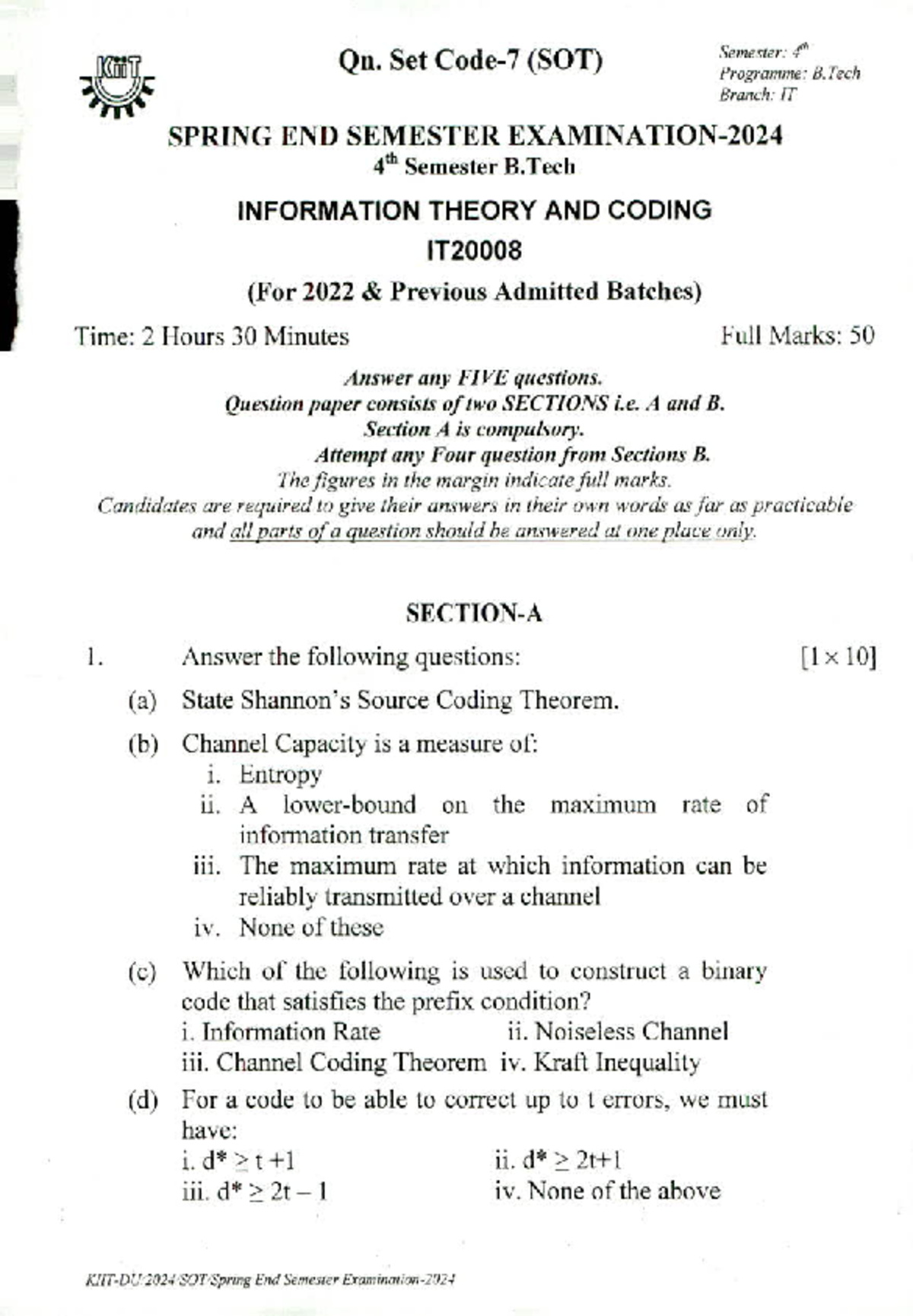Information Theory & Coding B. Tech IT 4th Sem End Exam Qn Set 2024 ...