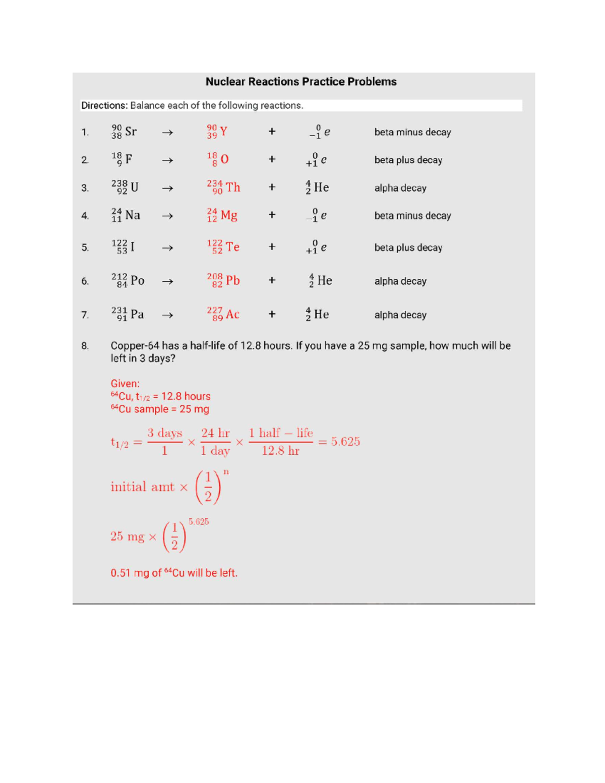 Nuclear Reactions Practice Problems and Decay Calculations (Chem 101 ...