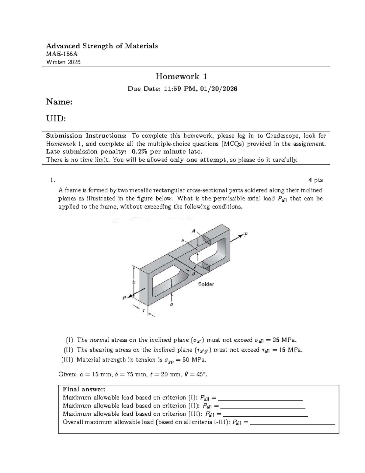 Advanced Strength of Materials (ENGR 202) Winter 2026 Homework 1 - Studocu