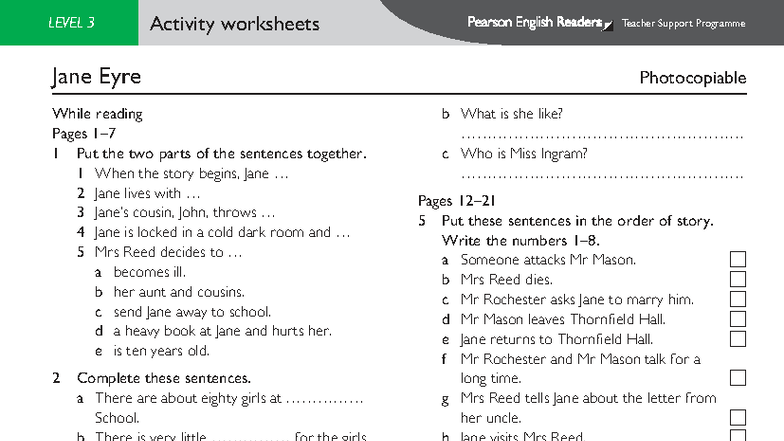 M02 JAEY REA 03GLB 3979 U02 Jane Eyre Level 3 Activity Worksheets - Studocu