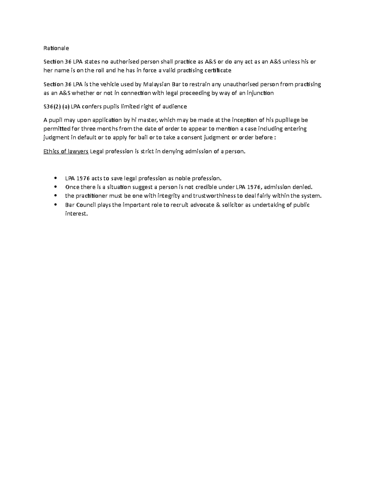 Rationale on Legal Profession Act 1976 - Case Review - Studocu