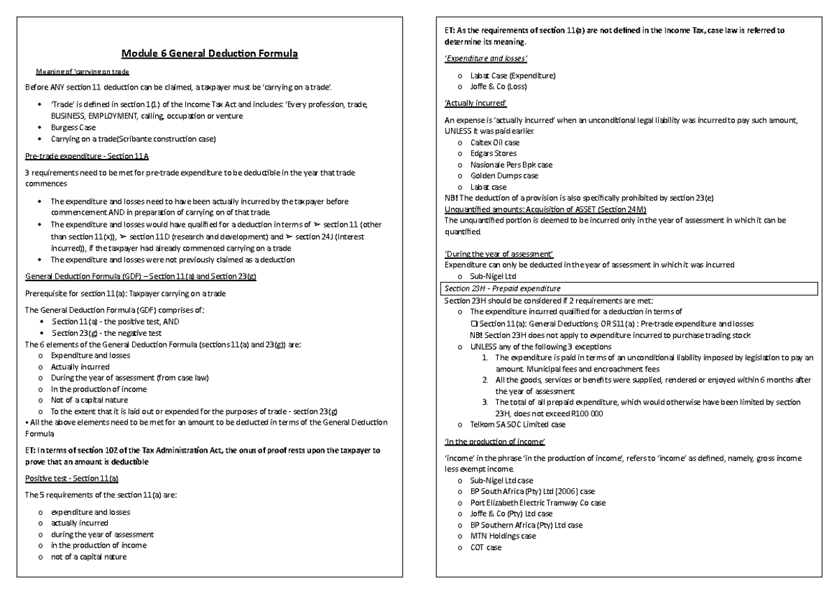 General Deduction Formula Overview - Module 6 Guide - Studocu