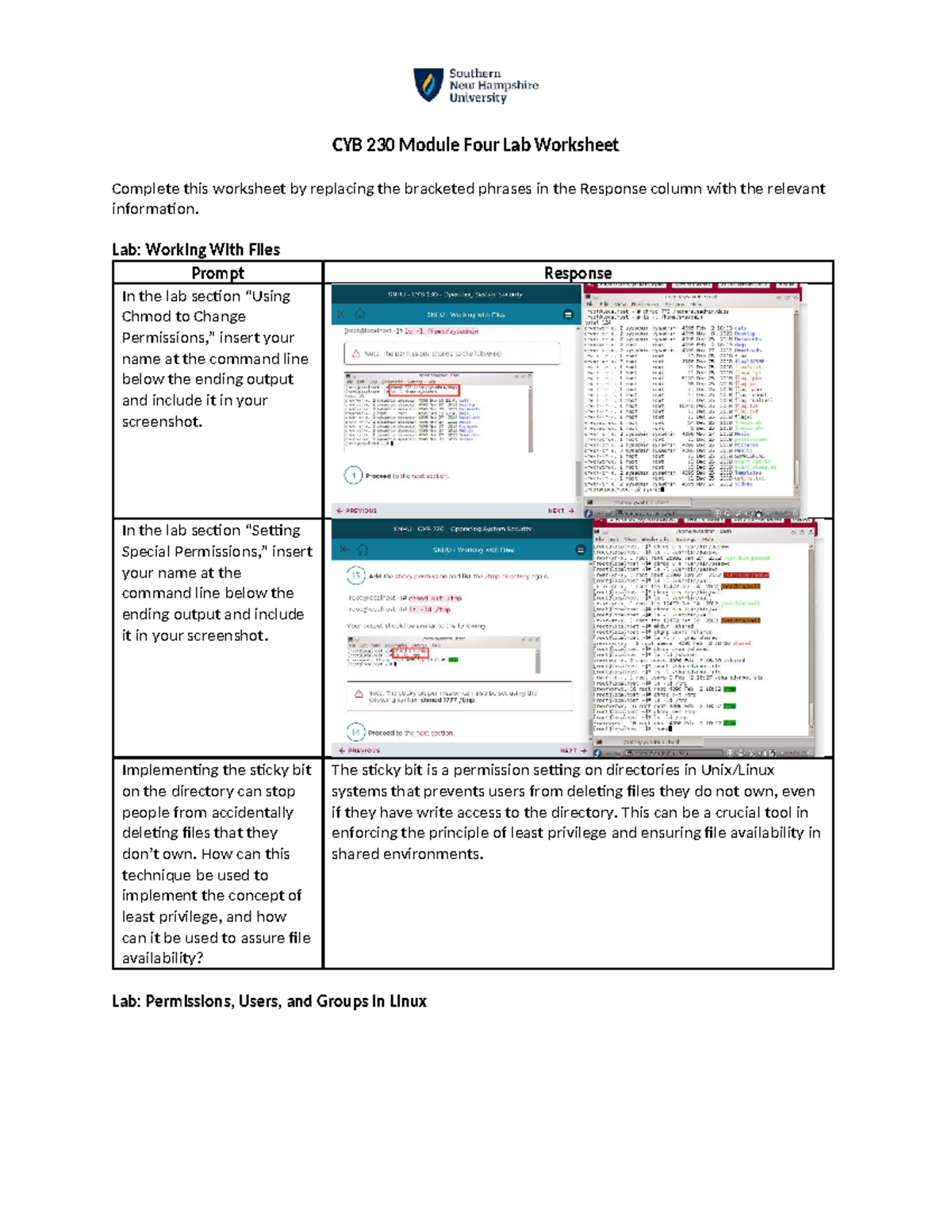 CYB 230 Module Four Lab Worksheet: Working with Files & Permissions ...