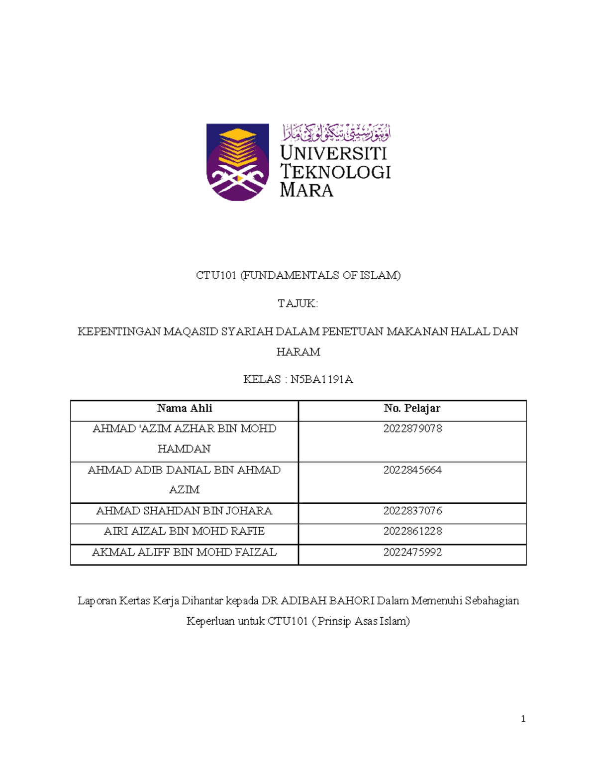 CTU101 assignment 2 - CTU101 (FUNDAMENTALS OF ISLAM) TAJUK: KEPENTINGAN ...