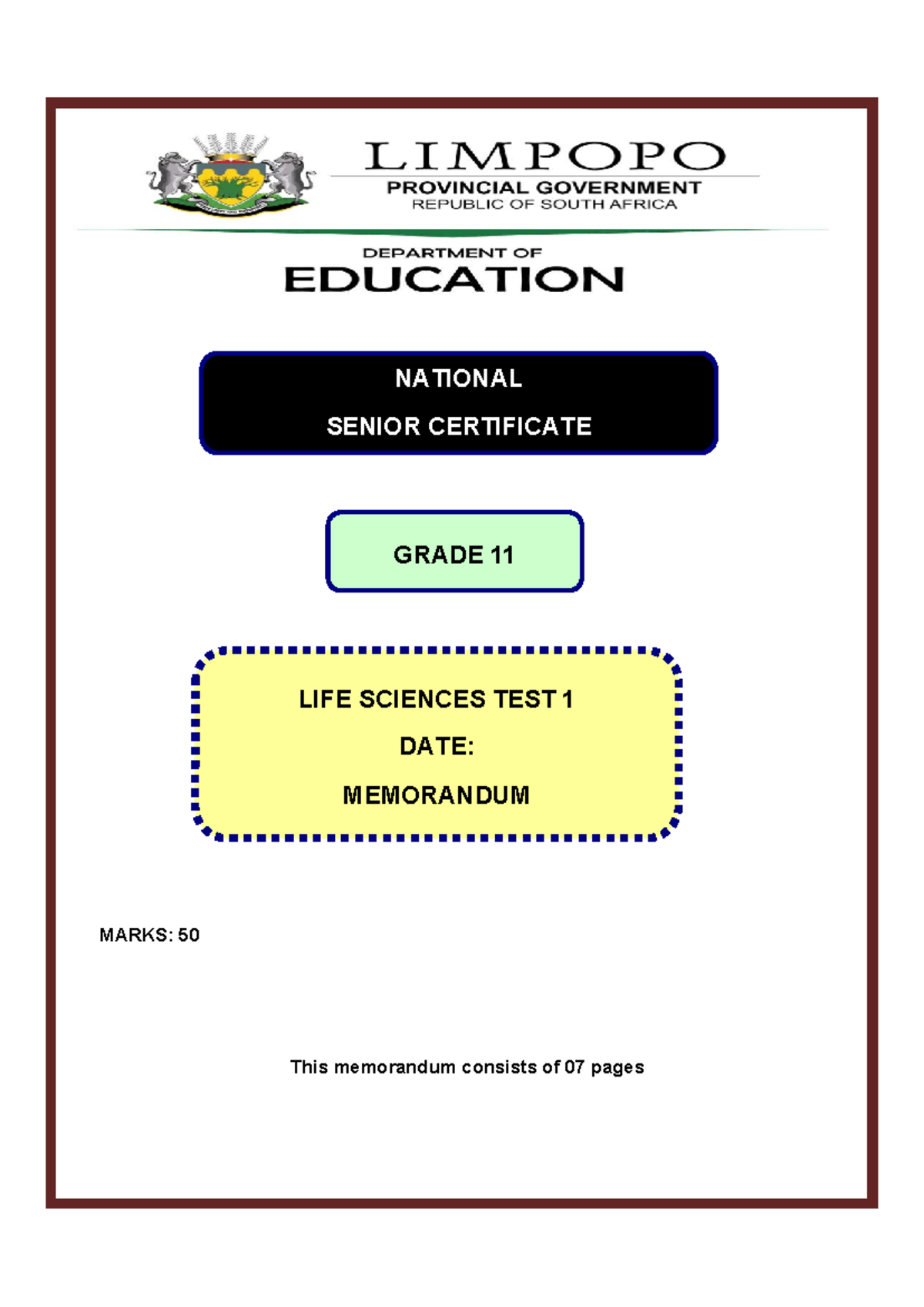2022 LFSC Grade 11 Life Sciences Test 1 Memorandum - Studocu