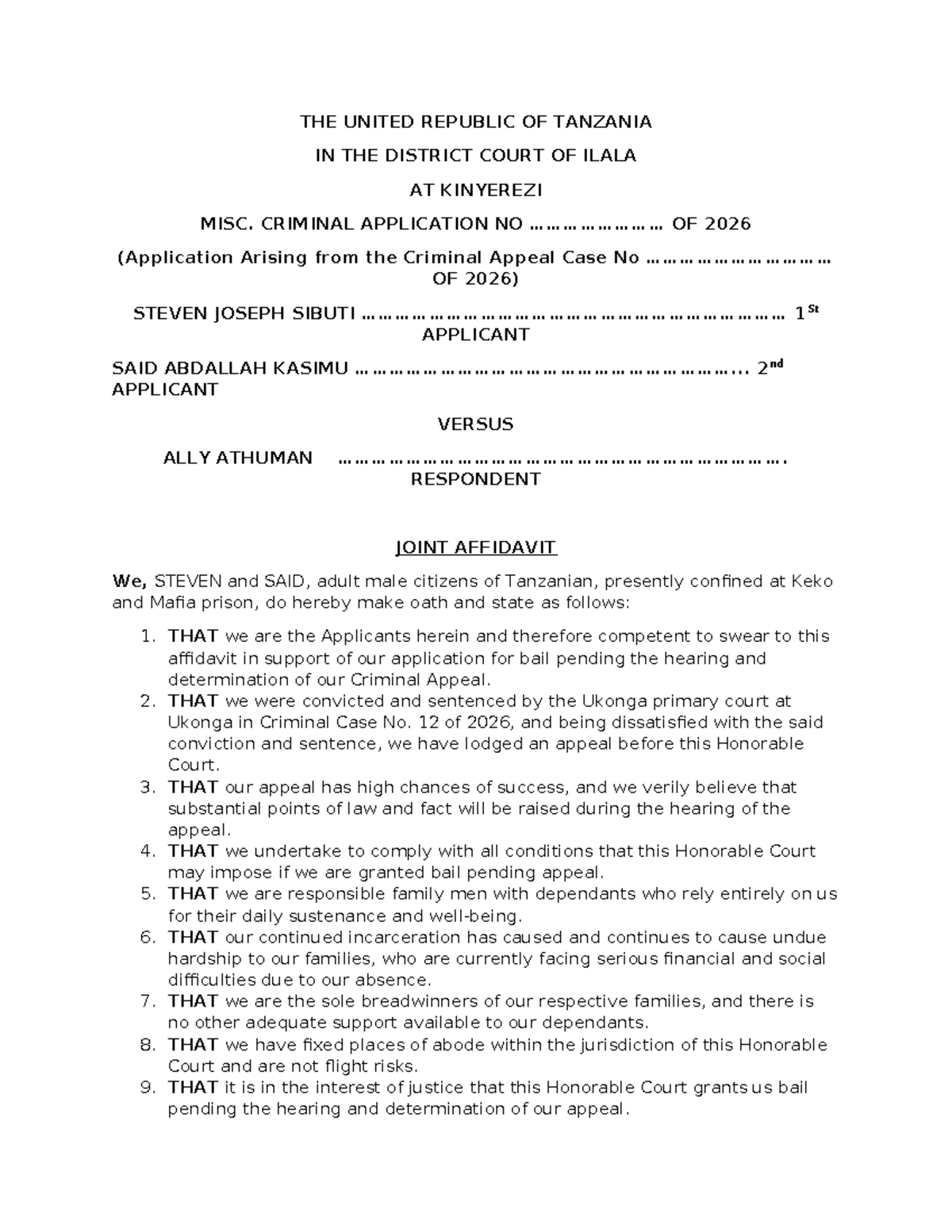 Joint Affidavit for Bail Application - MISC. CRIMINAL APP. NO 2026 ...