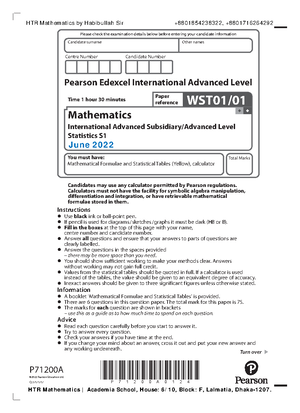 Edexcel IAL Statistics S1 June 2022 Mark Scheme (WST01) - Mark Scheme (Results) Summer 2022 ...