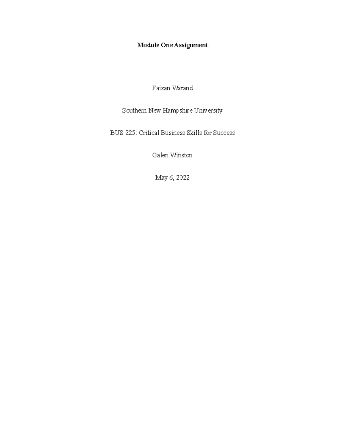 Faizan Warand BUS225 Module One Assignment - Module One Assignment ...