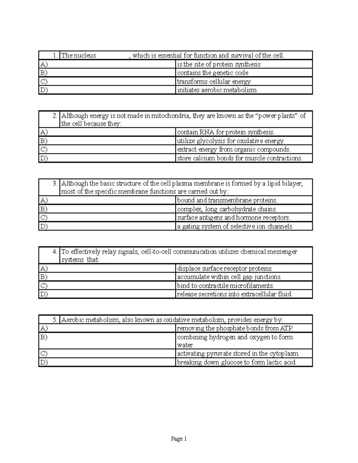 Chapter 01: Cell Structure & Function Quiz Questions and Answers - Studocu