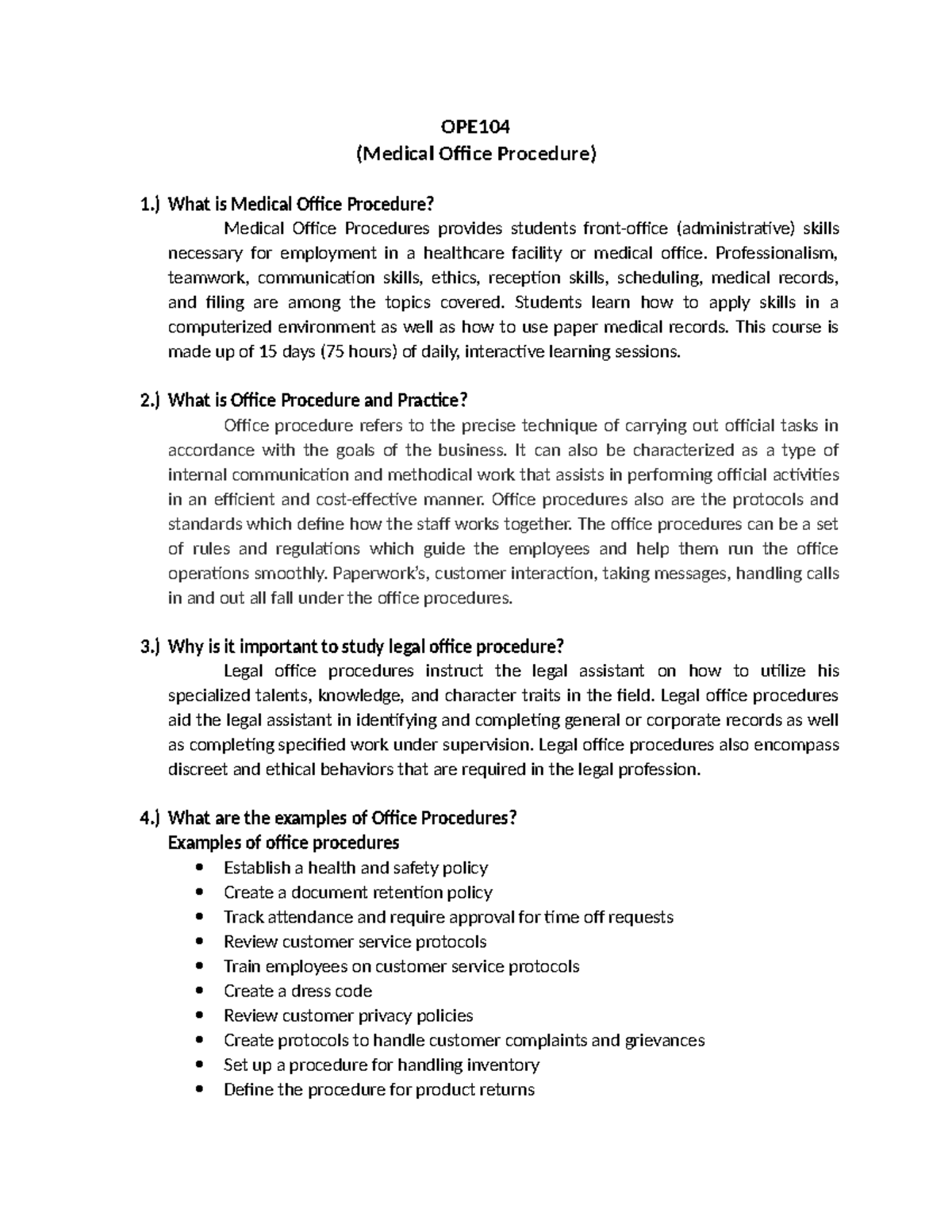 Medical Office Procedure Overview and Key Practices - Studocu