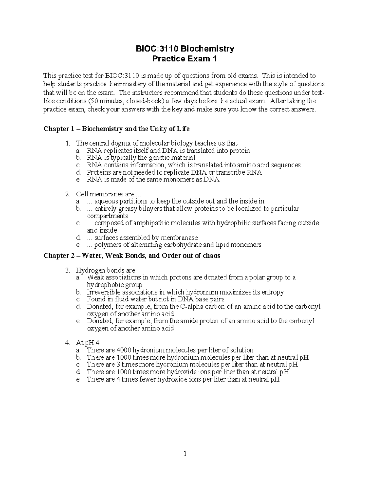 BIOC3110 Practice Exam 1 - BIOC:3110 Biochemistry Practice Exam 1 This ...