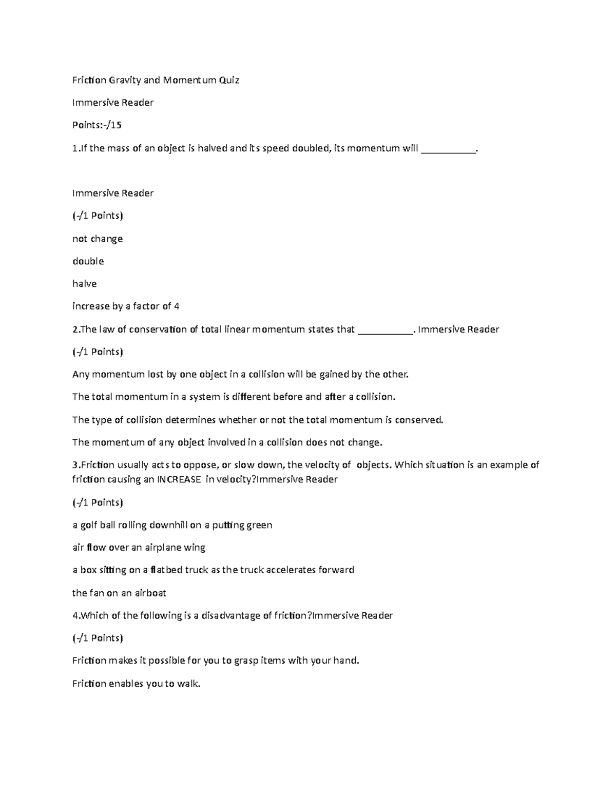 Friction Gravity and Momentum Quiz - Friction Gravity and Momentum Quiz ...