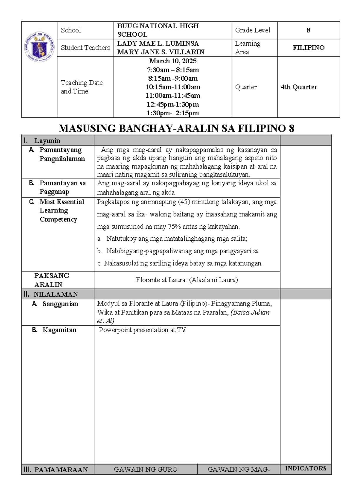 LP3 Lesson Plan: Alaala ni Laura (FAL) for Grade 8 Filipino - Studocu