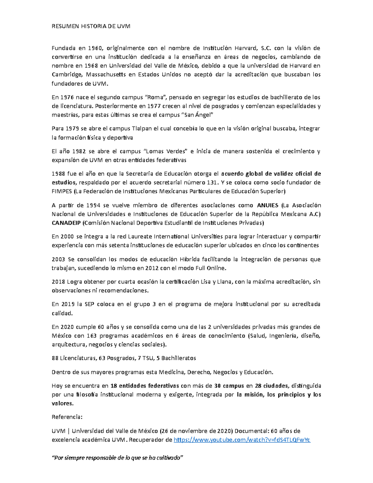 Resumen de la Historia de UVM: 60 Años de Excelencia Académica - Studocu