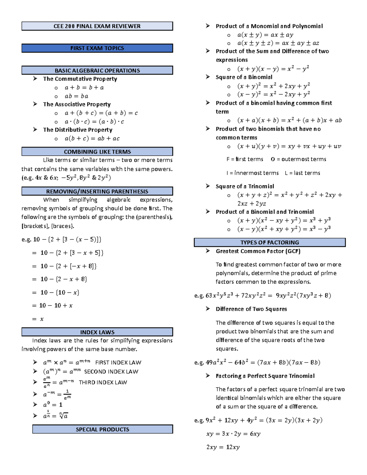 CEE 200 FINAL EXAM REVIEWER: BASIC ALGEBRAIC OPERATIONS - Studocu