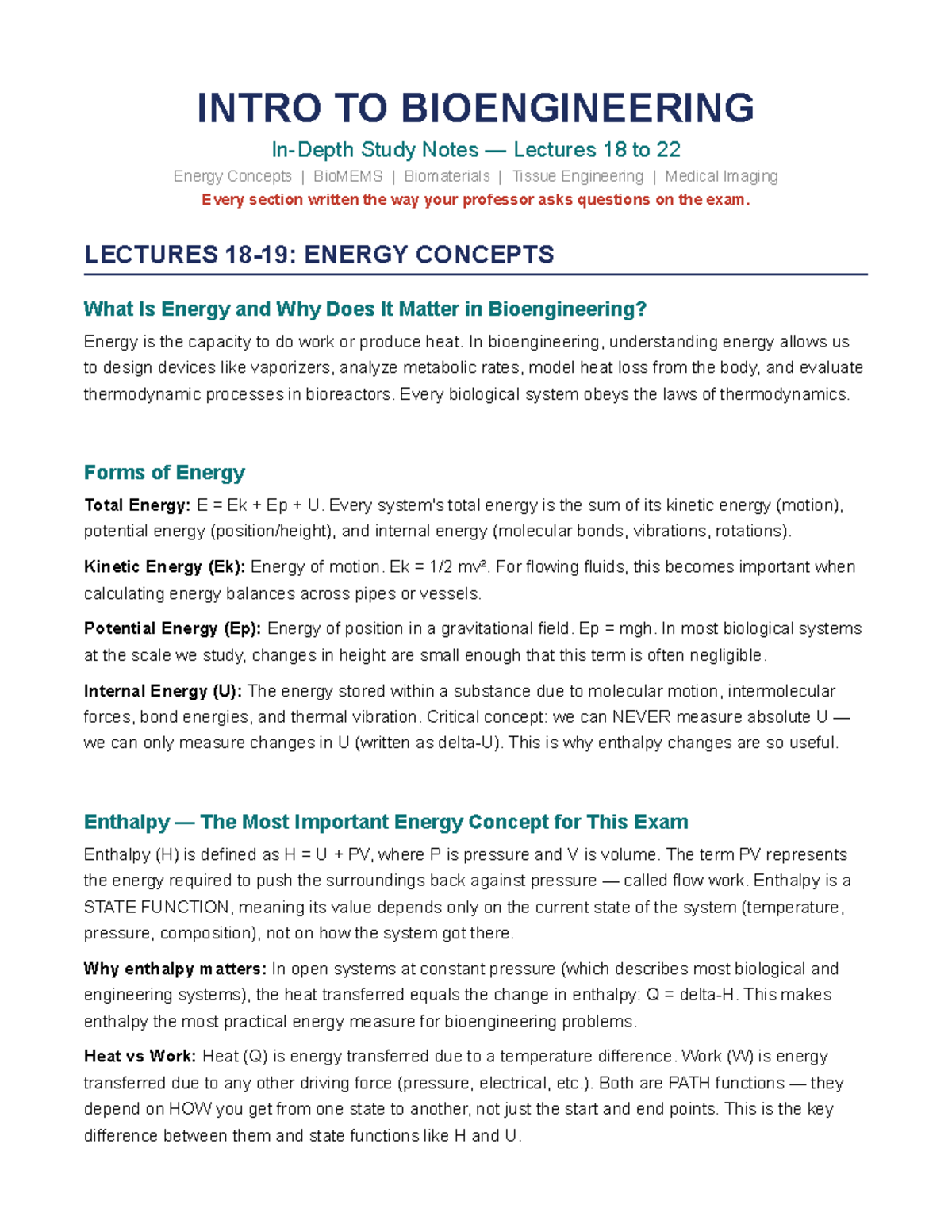 Final Exam Study Notes for INTRO TO BIOENGINEERING (Lectures 18-22 ...