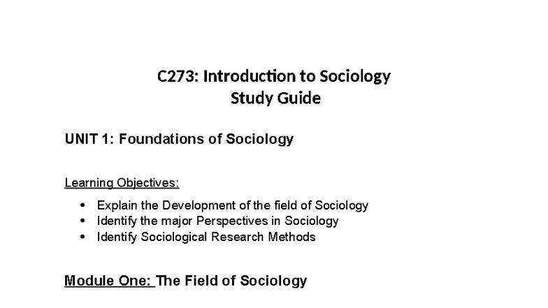 C273 Study Guide - C273: Introduction to Sociology Study Guide UNIT 1 ...