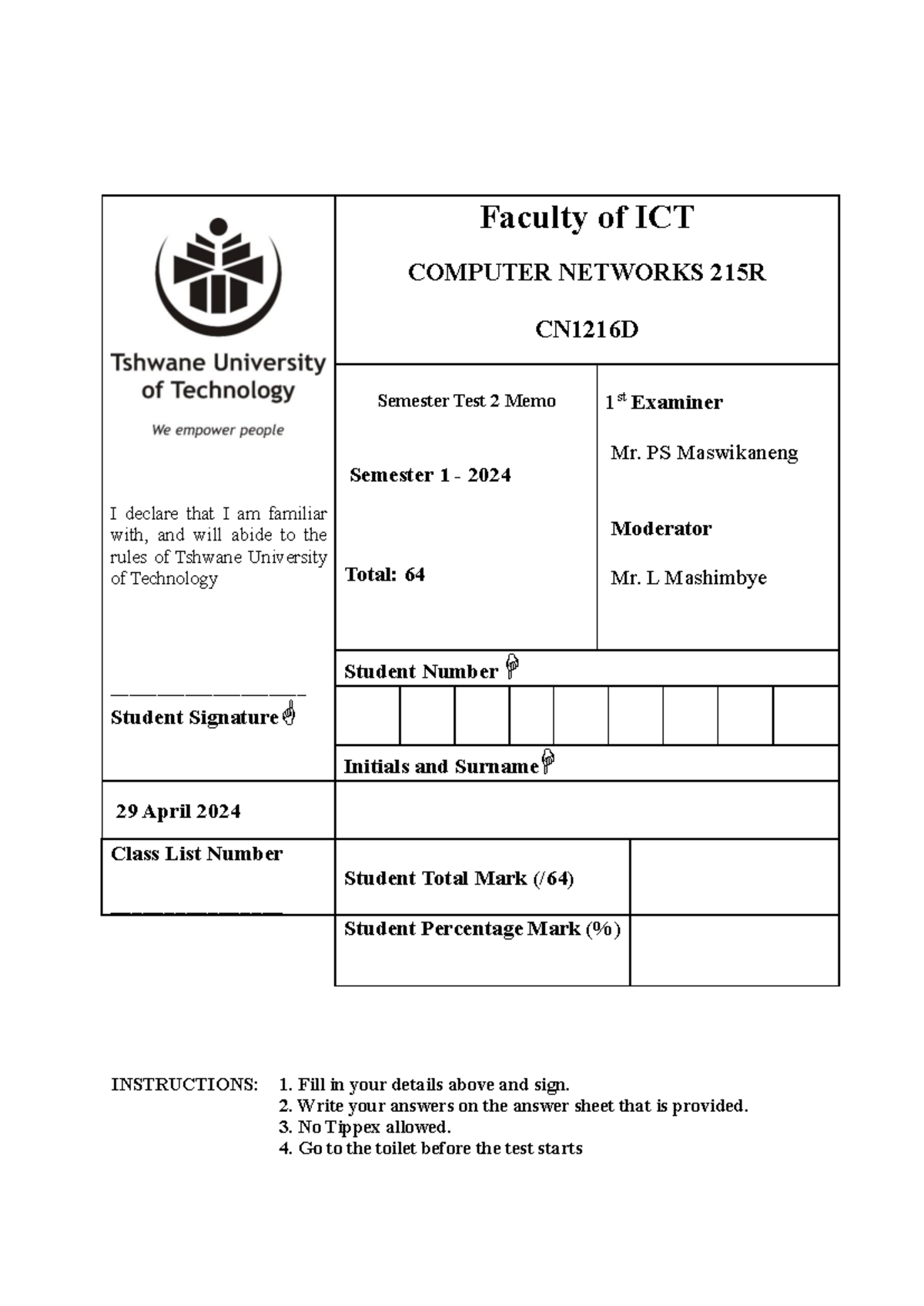 Semester Test 2 Memo for COMPUTER NETWORKS 215R CN1216D - 2024 - Studocu