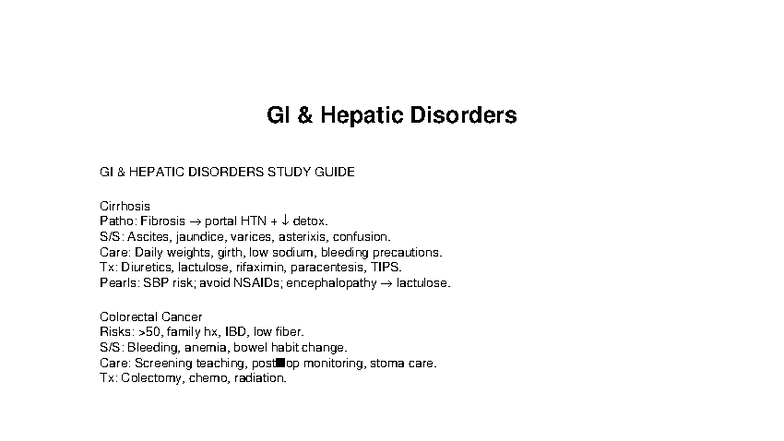 GI Liver - GI & HEPATIC DISORDERS STUDY GUIDE - GI & Hepatic Disorders ...