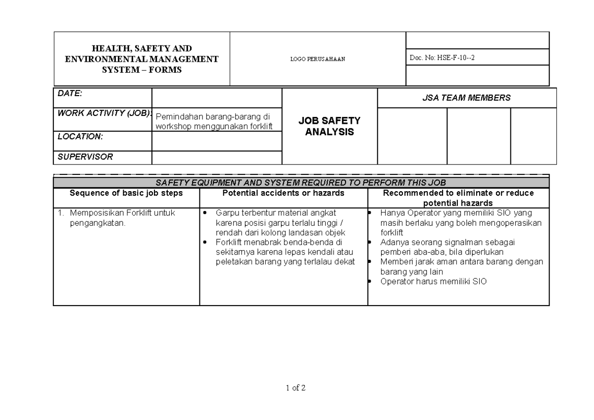 JSA 56: Forklift Safety Procedures & Hazard Analysis Guide - Studocu